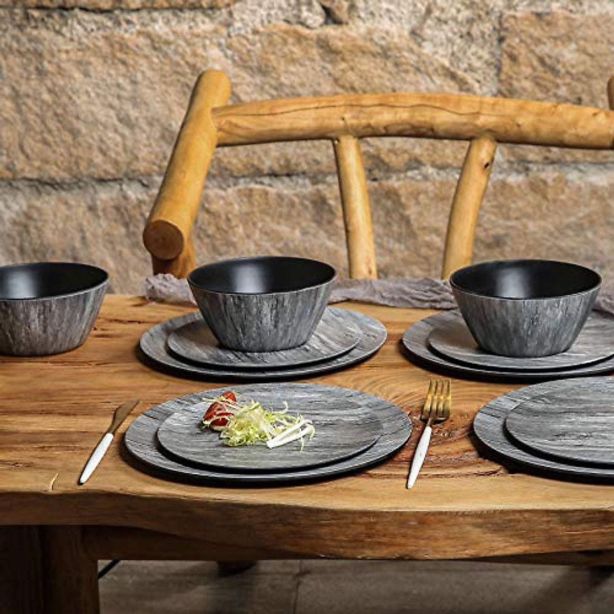 Plates and Bowls Set - 12pcs Melamine Dishes Dinnerware Set, Service for 4, Nonstick for kitchen,Outdoor/Indoor use,Wood Grain Pattern