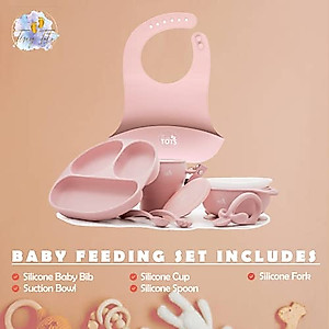 Tiny Tots - Baby Led Weaning Supplies - Feeding Essentials - Baby suction paltes & supplies: Bib, Suction Bowl & Suction Plate, Collapsible Cup, and Utensils - Easy to use feeding set (Pink)