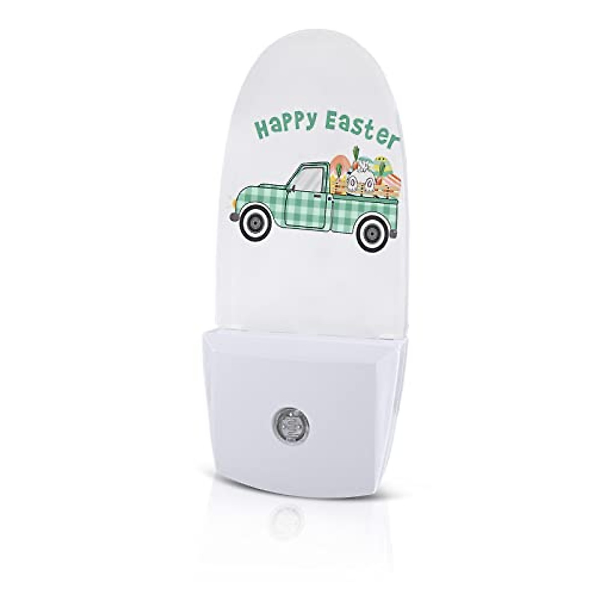 Plug-in LED Night Light with Auto Light Sensor - Popsicle Shape Nightlight Baby Night Lights for Hallway Bedroom Kids Room - Happy Eater Green Plaid Truck with Eater Egg and Rabbit