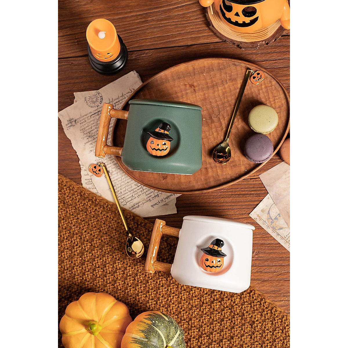 DIHOclub Adorable 3D Ceramic Pumpkin Head Mug with Lid and Spoon - Perfect for Coffee, Tea, Milk, and More - Ideal Gift for Halloween - 14 Ounces (HalloweenG)