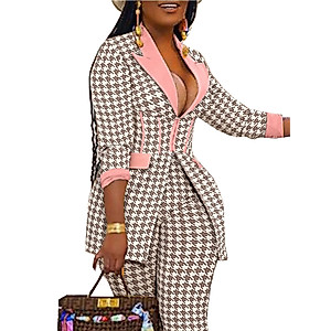 Womesn Sexy 2 Pieces Houndstooth Printed Blazer Jackets Bodycon Pants Party Clubwear Tracksuit Outfits Suit Set(Pink,M)