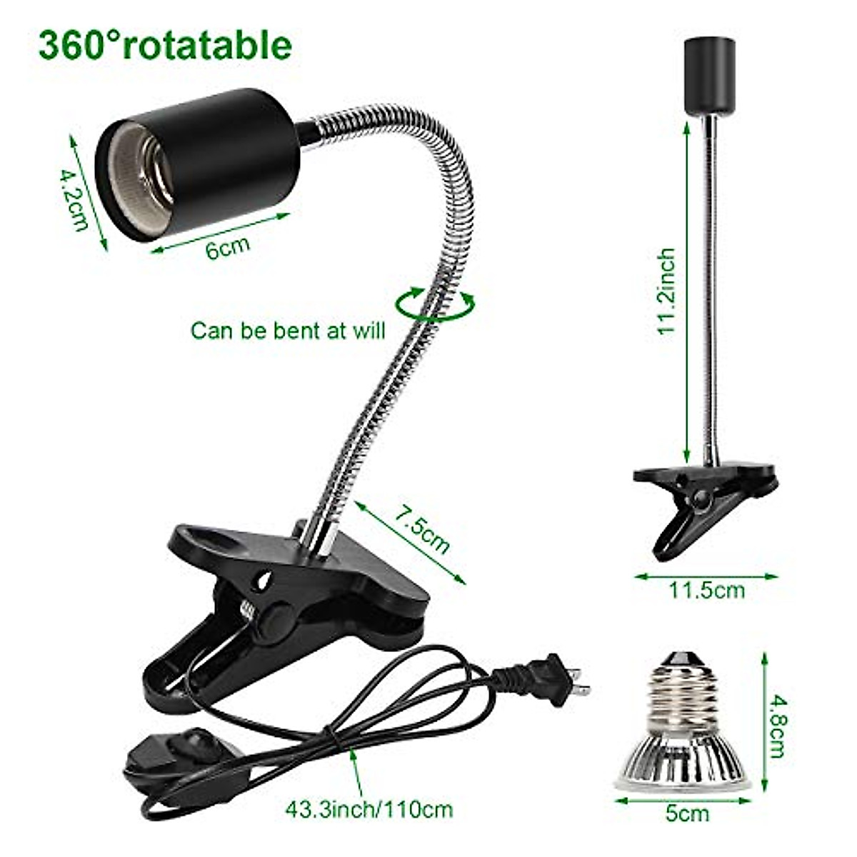 AngleKai Reptile Heat Lamp, 50W Adjustable Turtle Heating Light for Lizard Reptile Included 2 UVA UVB Bulb Baking Lamp (E27, 110V) (Black)