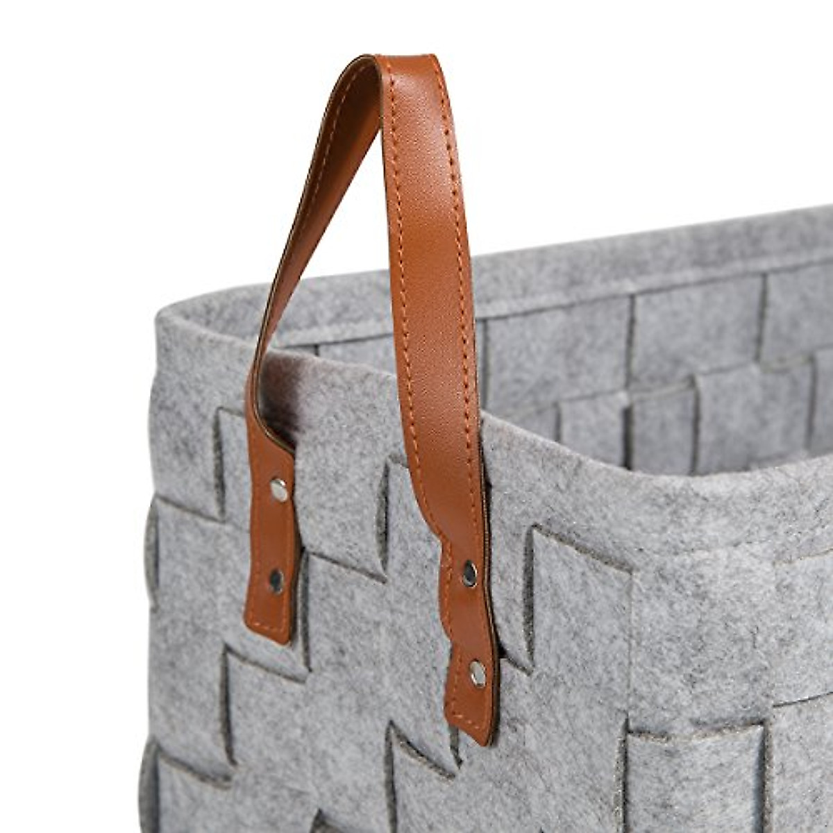 Felt Storage Baskets Organizer, Home Decoration Fabric Folding Knitted Organizers Box Cubes with Leather Handles (Rectangle-Lightgary)