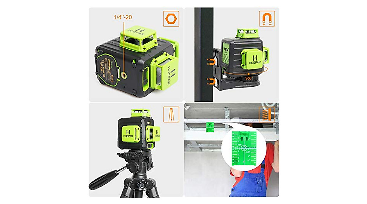Huepar 3D Cross Line Self-leveling Laser Level 3 x 360 Green Beam Three ...