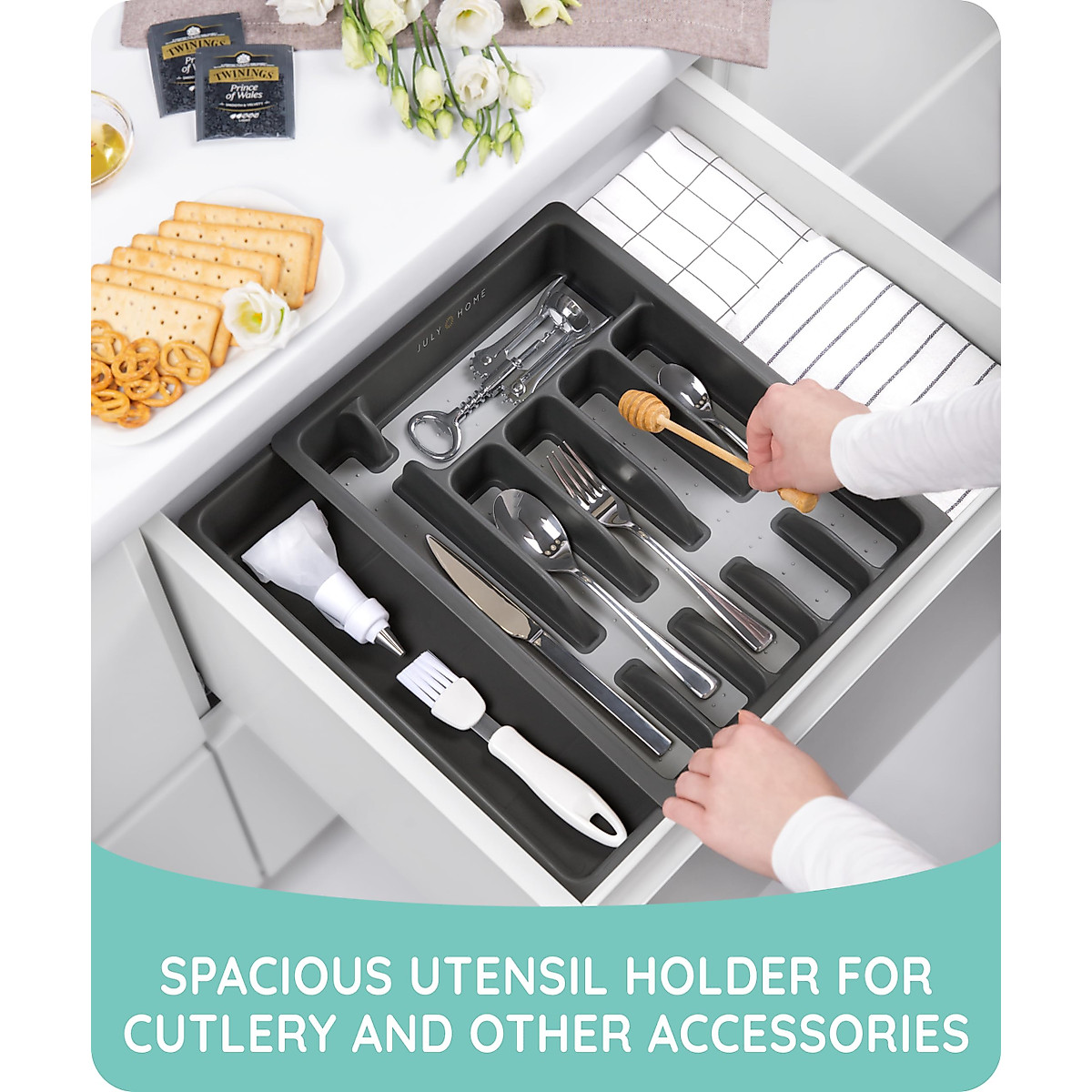 JULY HOME Expandable Kitchen Drawer Organizer - Convenient Plastic Flatware Drawer Organizer / Utensil Holder and Cutlery Tray Multipurpose Organizer Silverware Tray for Drawer Apartment Essentials