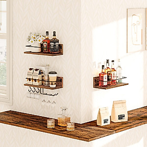 HOOBRO Wall Mounted Wine Rack 3 Pack, Wine Shelf Hanging Floating Wall Shelves, Wine Glass Bottle Rack Stemware Holder, for Living Room, Dining Room, Kitchen, Rustic Brown and Black BF33BJ01