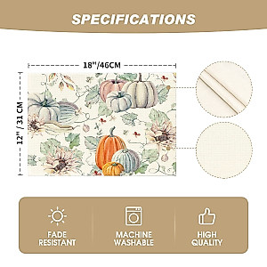 Artoid Mode Pumpkins Leaves Floral Fall Placemats Set of 4, 12x18 Inch Seasonal Autumn Thanksgiving Table Mats for Party Kitchen Dining Decoration