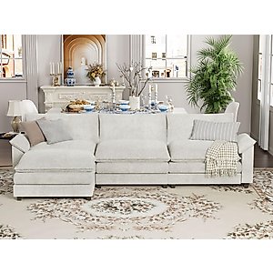 YESHOMY Sectional Modular Sofa L Shaped Chenille Fabric Couch with High Supportive & Soft Sponges and Removable Ottoman, Sleeper Comfy Upholstered Furniture for Living Room, White