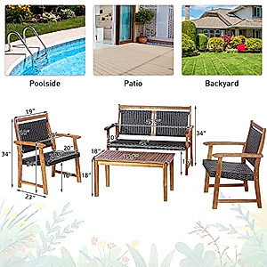 Tangkula 4 Pieces Patio Rattan Conversation Set with Acacia Wood Frame, Patiojoy Outdoor Furniture Set with Chairs & Coffee Table, Sectional Furniture Set for Garden, Backyard, Poolside