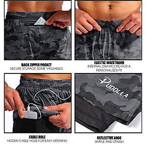 Pudolla Men’s 2 in 1 Running Shorts 7" Quick Dry Gym Athletic Workout Shorts for Men with Phone Pockets(Black Camo Large)