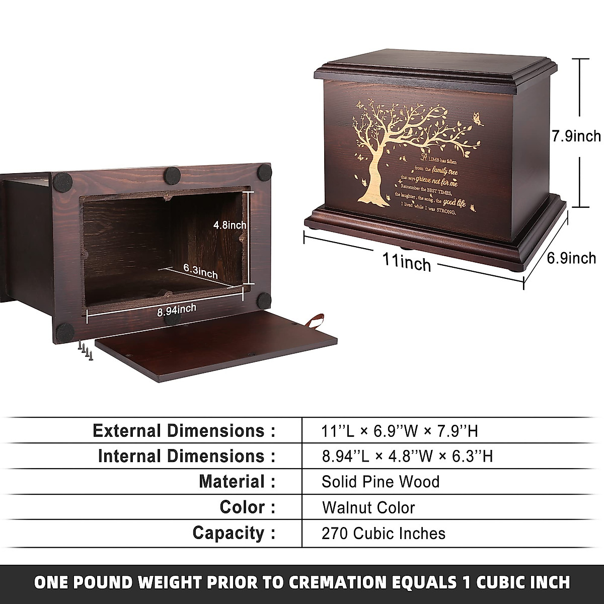 Cremation Memorial Urns for Human Ashes Adult Male Female, Wooden Urns Box and Casket for Ashes Men Women Child, Large Burial Funeral Urns for Ashes, Holds Up to 270 LBS