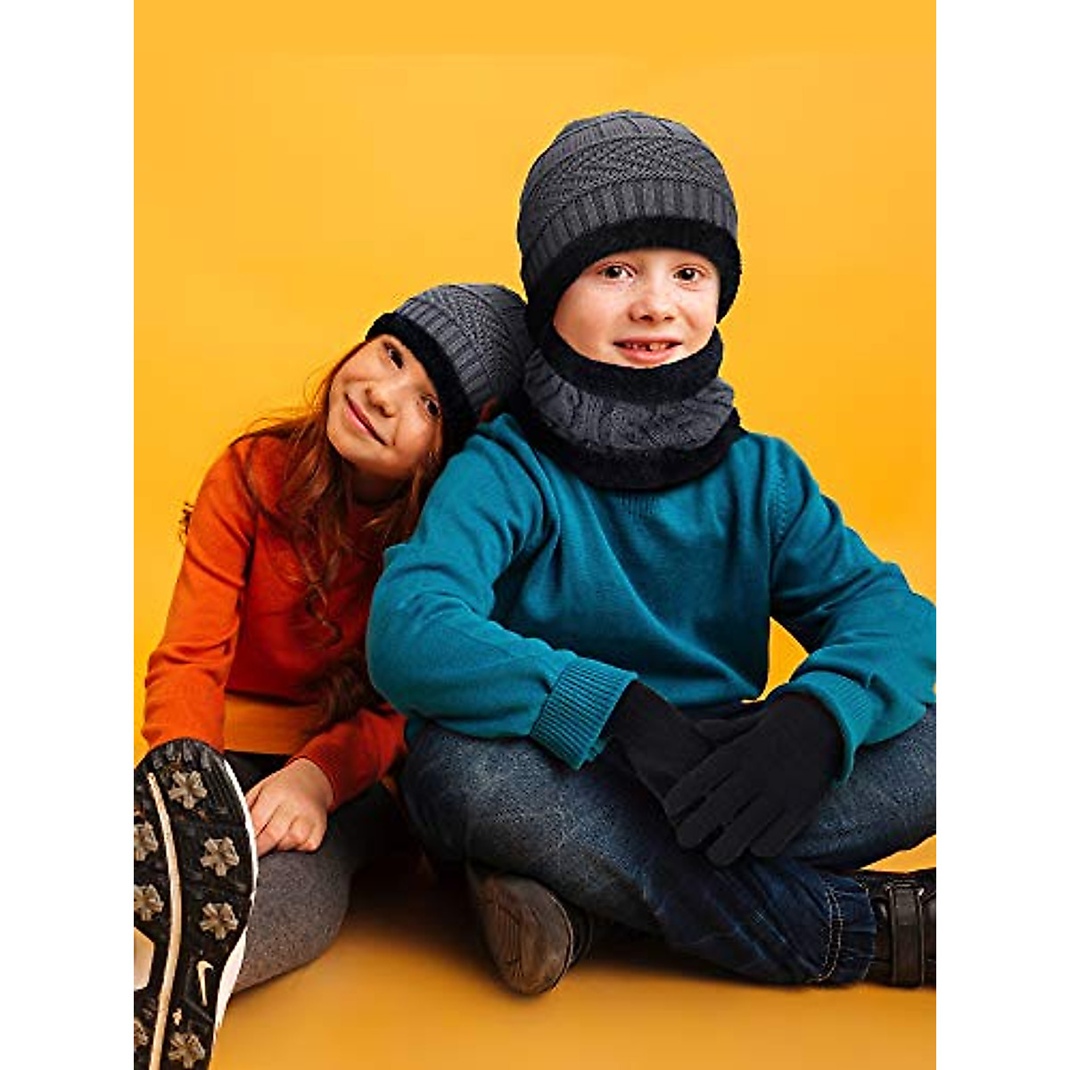 Kids Winter Hat Glove Scarf Sets Knitted Toddler Cap Beanie All Fingers Gloves Mitten Neck Warmer for Boys Girls (Black, Grey)