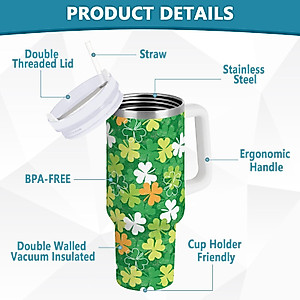Bseiialft 40 oz Tumbler with Handle St Patrick's Day Shamrock Clovers Water Bottle with Lid and Straw Vacuum Insulated Cup Stainless Steel Travel Coffee Mug for Home Office Car
