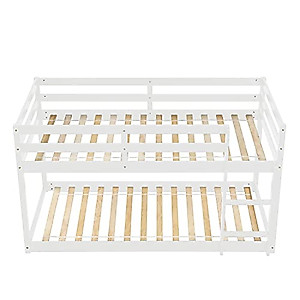 Senviy Twin Over Twin Floor Bunk Bed with and Guardrail,Wooden Bed Frame for Girls and Boys for Bedroom,No Spring Box Needed (White)