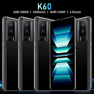 ANGGREK K60 Phone 6.53 Inch 6GB RAM 128GB ROM Face ID FHD Processor Octa Core Smart Phone for Android12 100‑240V Black (US Plug)