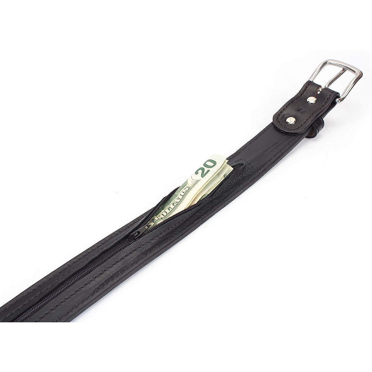 Hidden Money Pocket Travel Leather Belt (Size 38, Black)