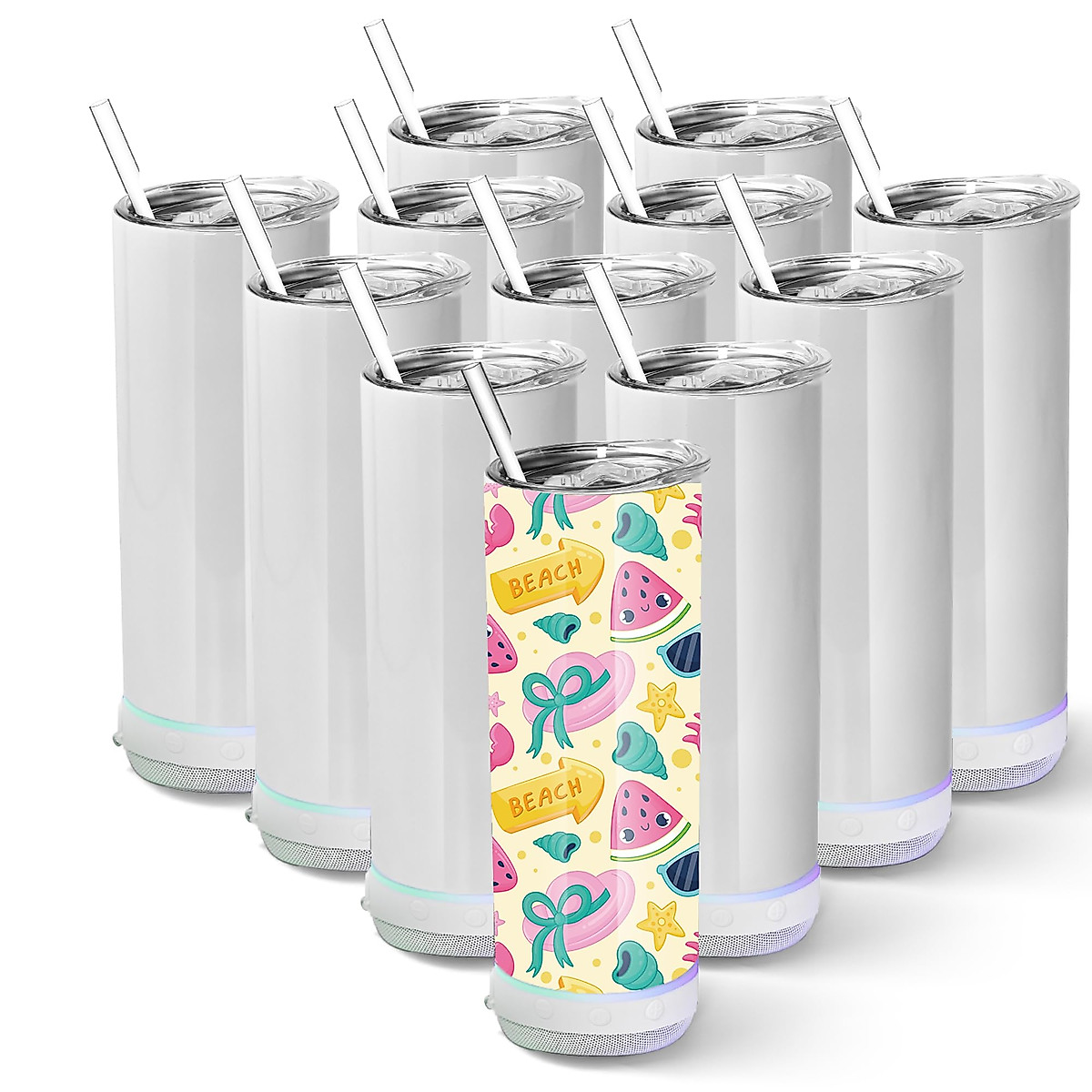 Icesip 12 Pack Music Speaker Tumbler, 20 oz Sublimation Tumbler Skinny Straight Double Wall Music Speaker Cup with Straw Lid & USB Charging Cable - White