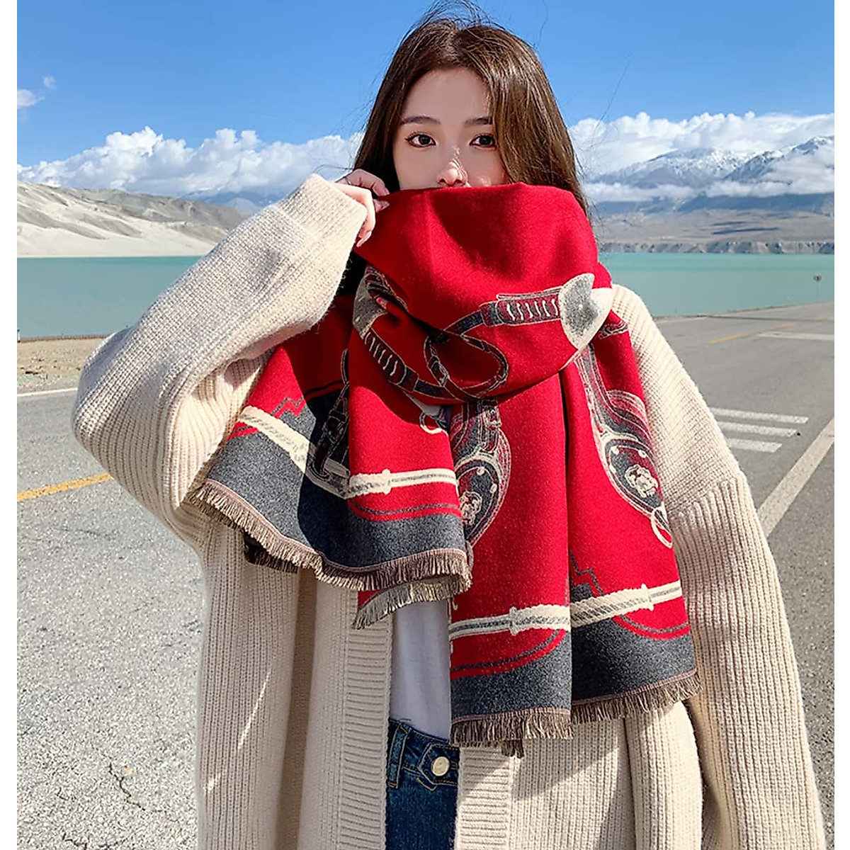 Women's Blanket Chunky,Pashmina Shawls Wraps Oversized Winter & Fall Warm Scarfs Soft Cashmere Feel for Girls and Women (Red-Carriage)