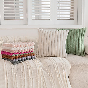 BAOLIZEGAO Double-Sided Faux Fur Plush Throw Pillow Covers 18x18 Set of 2 Fuzzy Striped Soft Cozy Pillowcase Luxury Decorative Pillows Square Shaggy Cushion Covers for Couch Sofa Bed,Cream White