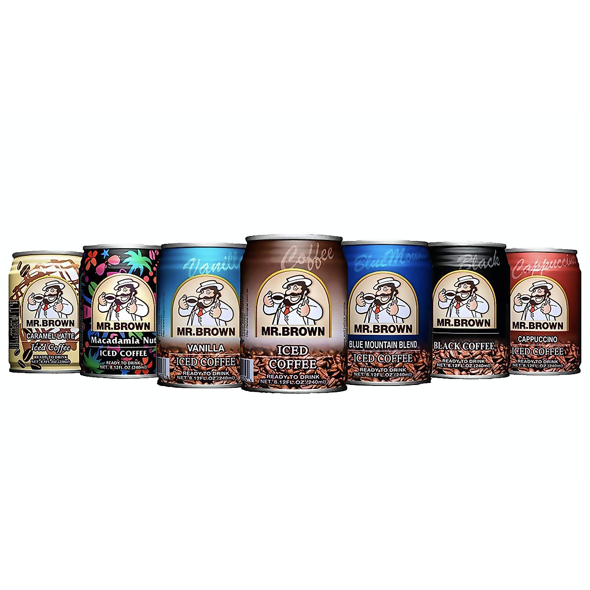 Mr. Brown Coffee Drink Variety Combo (Blue Mountain, Black, Caramel Latte, Macadamia Nut, Vanilla, Cappuccino, Ice Coffee) | Pack of 7