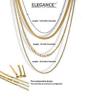 Elegance 11 designs 14k Gold Layered Herringbone Figaro Chain Necklaces Set For Women Real Gold Plated Stainless Steel Choker Flat Snake Chain Gold Non Tarnish Jewelry For Women