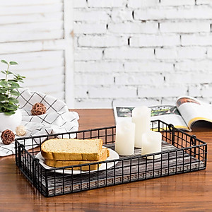 MyGift Black Metal Large Serving Tray, Wire Basket Style Nesting Ottoman Trays with Burnt Wood Base and Handles, Set of 2