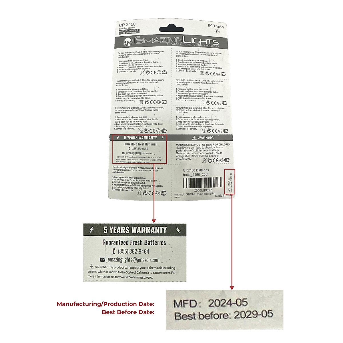 EmazingLights CR2450 Batteries 3 Volt Lithium Coin Cell 3V Button Battery (20 Pack)