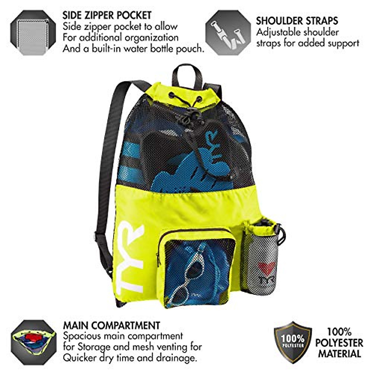 TYR Big Mesh Mummy Backpack for Wet Swimming, Gym, and Workout Gear, Yellow