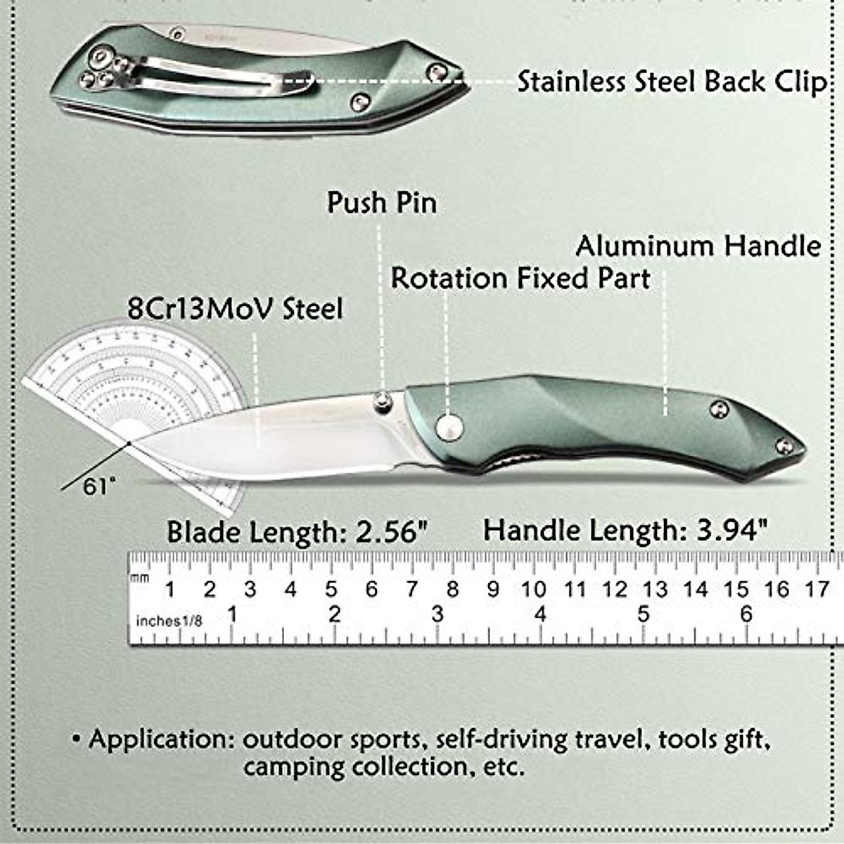 Folding Pocket Knife, Stainless Steel Blade 8cr13mov, Lightweight Aluminum Handle, Safety Liner-Lock, Belt Clip, Perfect for Camping, Hunting, Hiking, and Every Day Carry EDC