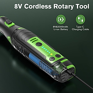 Ginour Cordless Rotary Tool with Keyless Chuck, 8V Power Rotary Tool Kit with 153 pcs Accessories, 2Ah Rechargeable Battery, 5 Speeds 30000 RPM Max for Sanding,Drilling,Cutting, Polishing, DIY Crafts