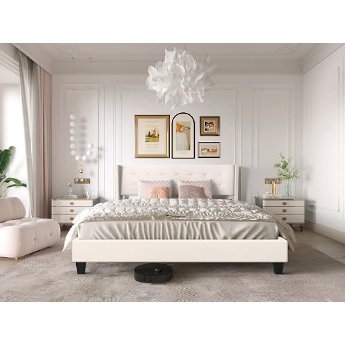 BONSOIR Bed Frame Upholstered Traditional Low Profile Platform with Wing Back Headboard/No Box Spring Needed/No Bed Skirt Needed/Linen Fabric Upholstery/Sand (Cream, Queen Size)