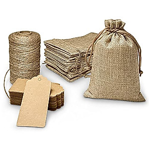100PCS Burlap Bags, Drawstring Gift Bags With Gift Tags and 328Feet Jute Twine, Burlap Gift Bags, Burlap Sack, Jewelry Bags, Gift Bags Bulk For Wedding Party, Christmas And DIY Craft, 4X5.5 IN