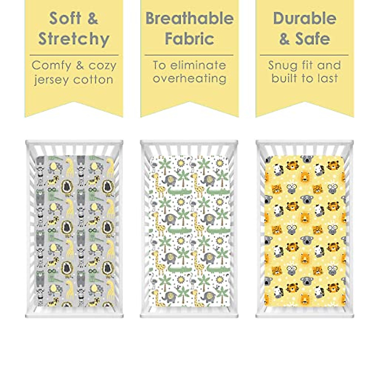 GROW WILD Crib Sheets for Boys | Baby Crib Sheets (3 Pack), Safari Crib Mattress Sheet or Toddler Bed Sheet, Elephant Baby Sheet
