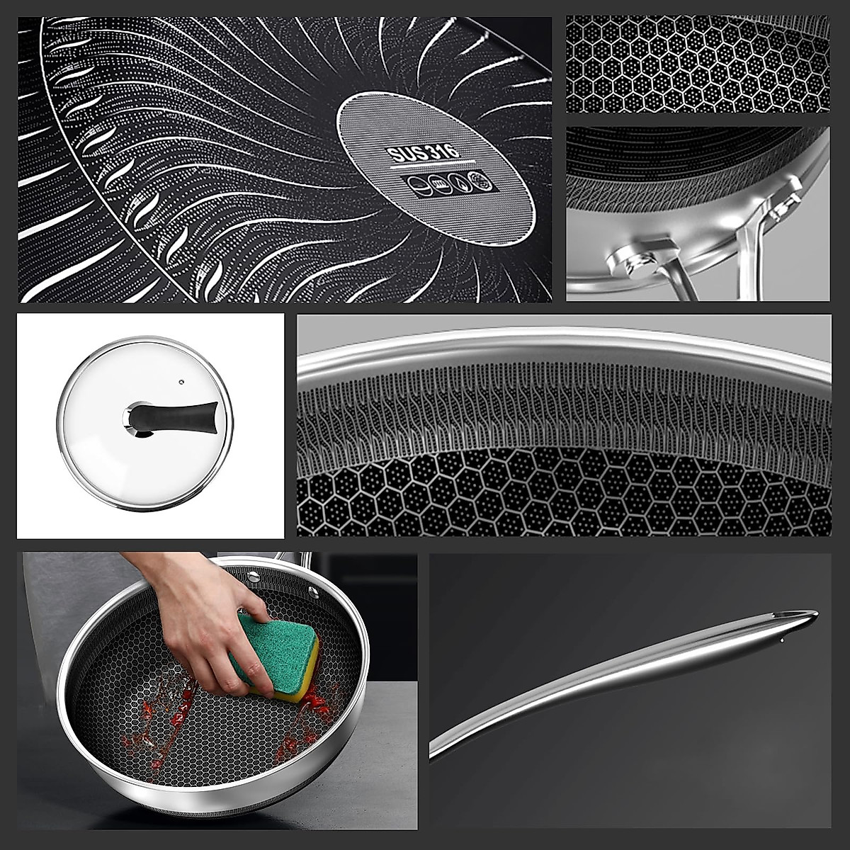 CATHYLIN 14" Honeycomb Non Stick Wok Pan Stainless Steel Stir-fry Wok with Lid,Skillet with Stay-cool Handle PFOA Free Suitable for Induction, Ceramic, Electric, and Gas Cooktops (Sliver, 14 Inches)