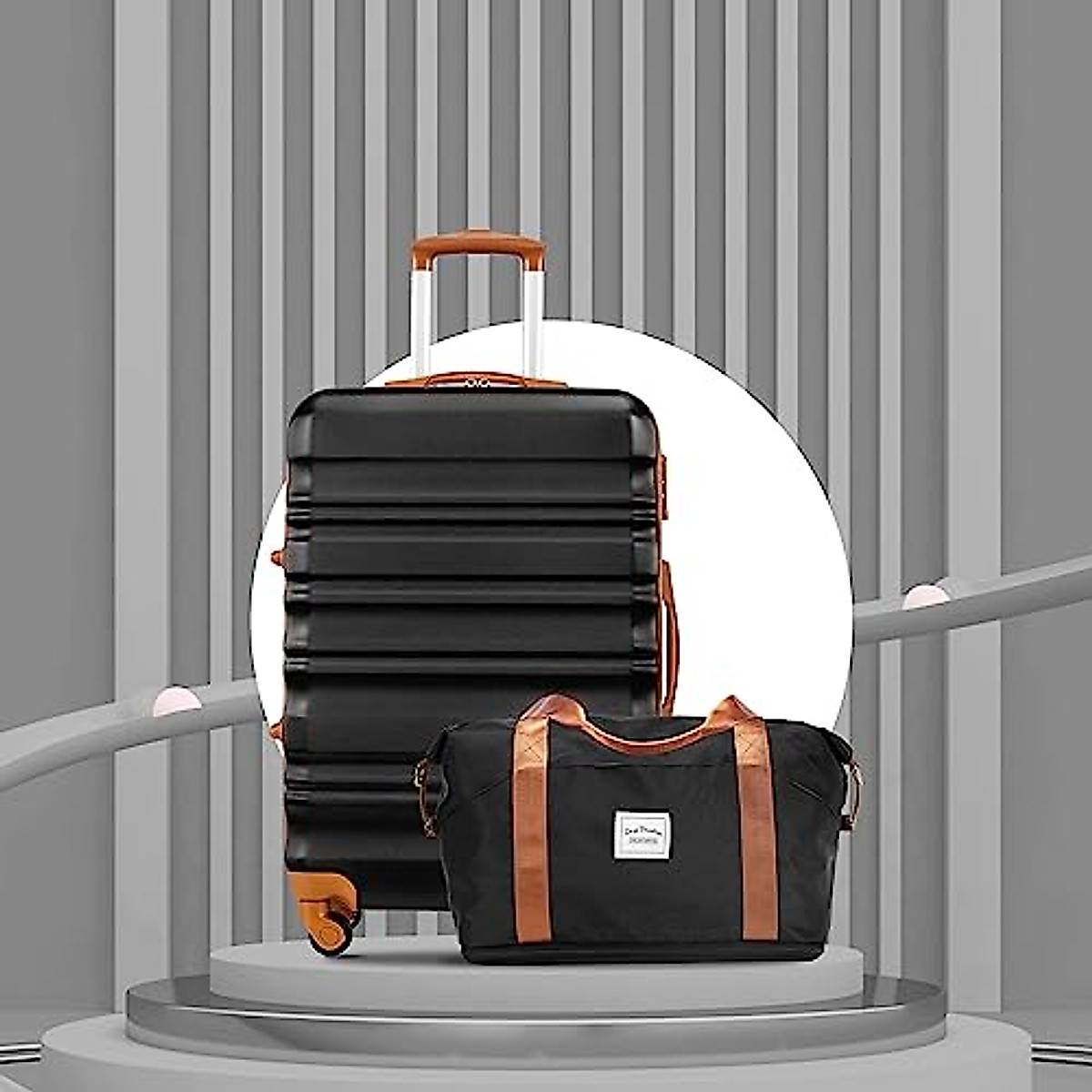 LONG VACATION Luggage Set 4 Piece Luggage Set ABS hardshell TSA Lock Spinner Wheels Luggage Carry on Suitcase (BLACK-BROWN, 6 piece set)