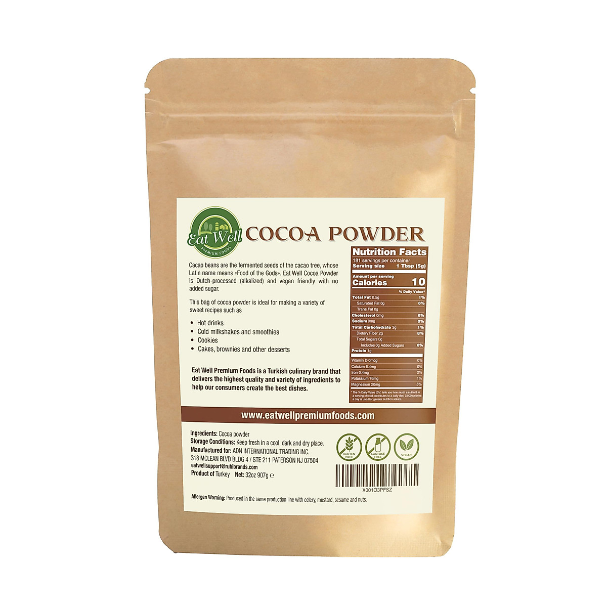 Eat Well Premium Unsweetened Cacao Powder - 32 oz | Dutch Processed Cocoa Powder | Pure Dark Chocolate Powder for Baking & Drinking | 100% Natural Unsweetened Powdered Cocoa | Raw & Vegan Friendly