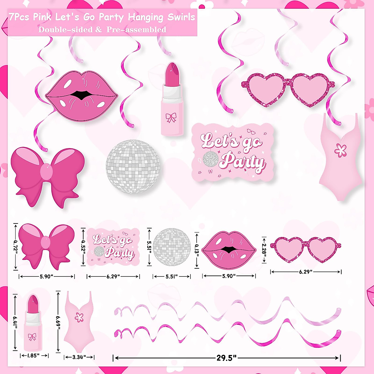 Hot Pink Girl Birthday Party Decorations, Pink Disco Ball Bow Princess Balloon Arch, Pink Happy Birthday Banner, Hanging Swirls, Cake Toppers for Princess Birthday Baby Shower Bachelorette Party Decor