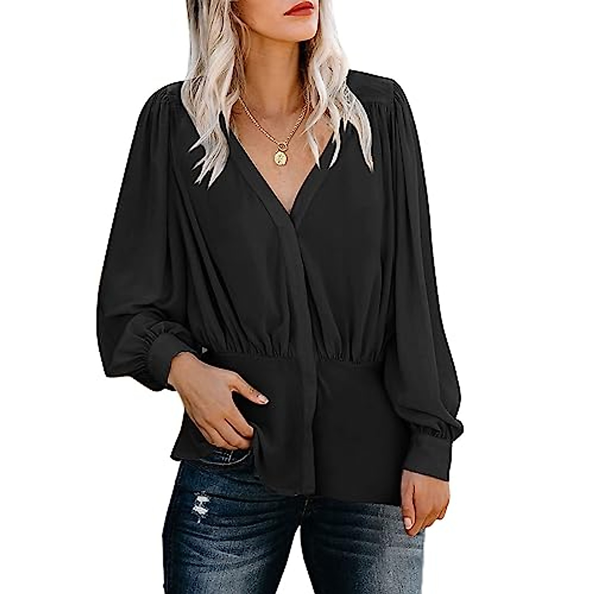 Womens Going Out Tops Empire Waist V-Neck Long Puff Sleeve Shirts Solid Color Slim fit Classic Business Casual tees