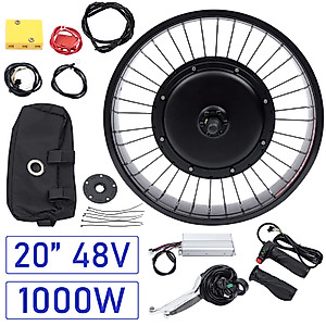 RIAHNEAH E-Bicycle Conversion Kit, 48V 1000W 20" Front Wheel Electric Bicycle Conversion Kit, Electric Bicycle Brushless Gearless Hub Motor Kit 48km/h High Speed Motor Wheel Kit