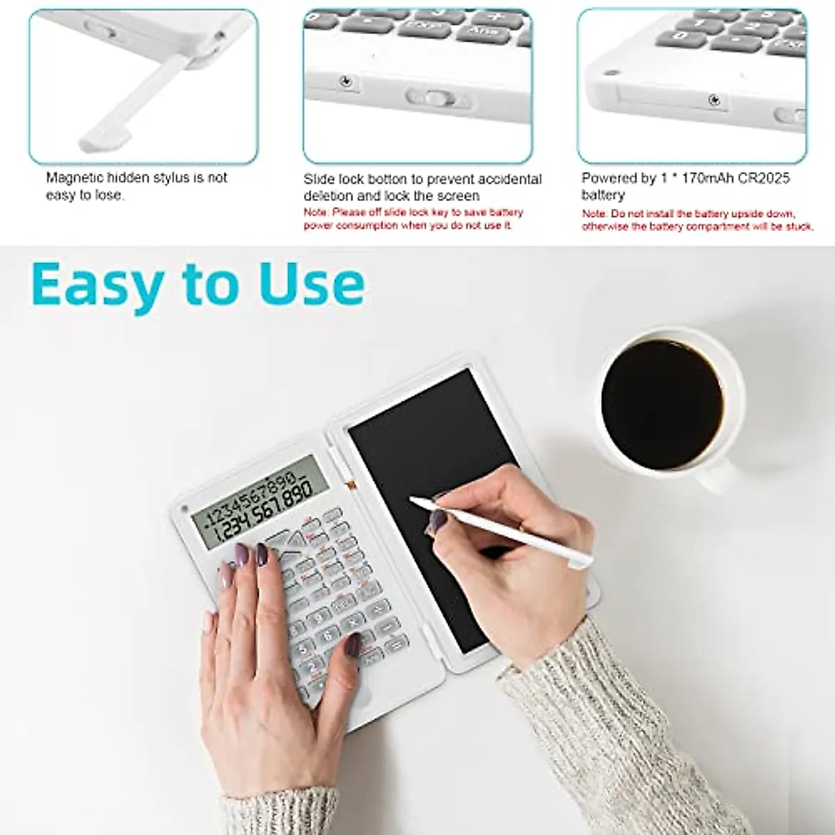 LINGSFIRE Scientific Calculator with Erasable Writing Board, 10-Digit LCD Display Foldable Desk Calculator Physics Graphing Calculator for Student Teacher Financial Office Business High School, White