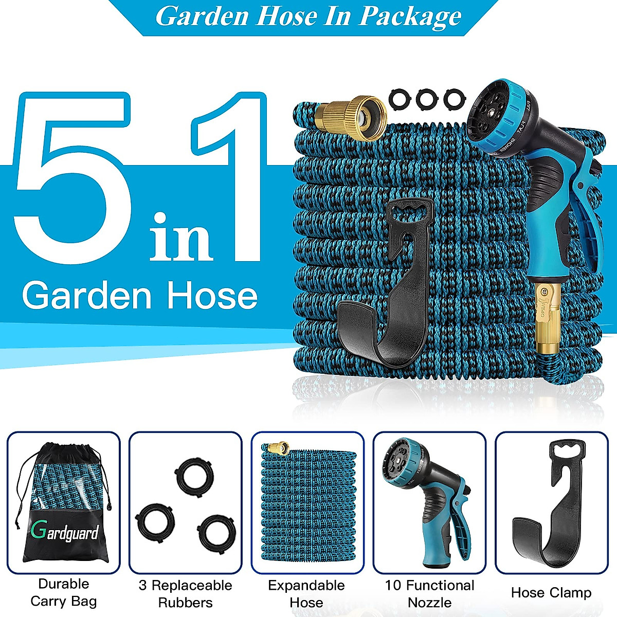 Juvoery 50FT Flexible Garden Hose - Water Garden Hose with 10 Function Nozzle, Lightweight Anti-kink Design for Outdoor Use, 3-Layer Latex and 3/4 Inch Solid Fittings (Blue)