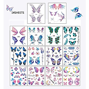 14 Sheets Glitter Butterfly Temporary Tattoos Sticker for Women Girls Eye Face Makeup Decoration, Flash Fairy Wings Body Art Shiny Butterflies Waterproof Fake Tattoos for Festival Party Eye Decor