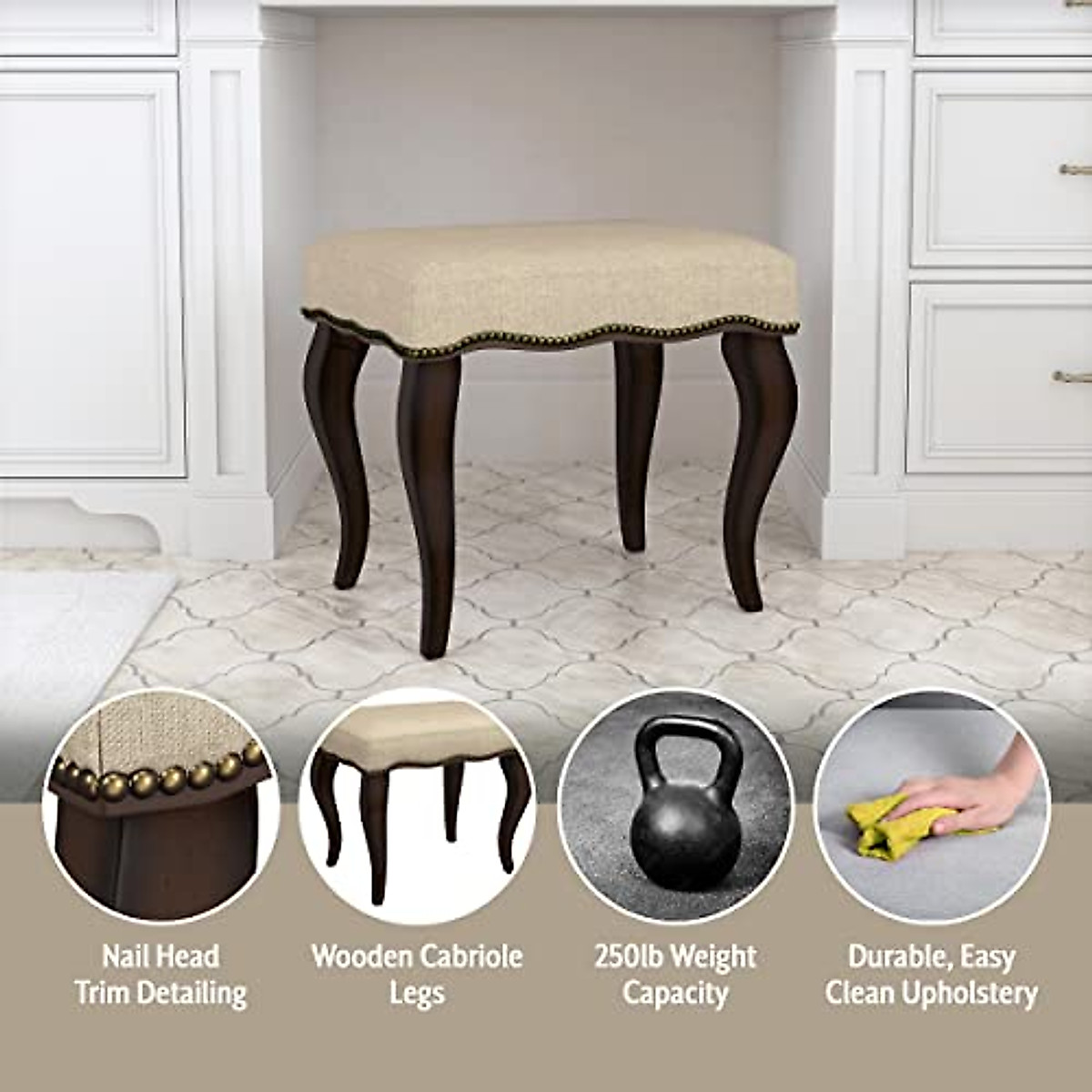 Hillsdale Furniture Hamilton Backless Vanity Stool, Burnished Oak Wood and Ivory Upholstery with Nail Head Trim
