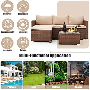 AVAWING 3 Piece Patio Furniture Set, Outside Furniture All-Weather Wicker Patio Furniture Sets with Tempered Glass Table and Cushions for Garden Backyard Balcony Porch Poolside, Beige…