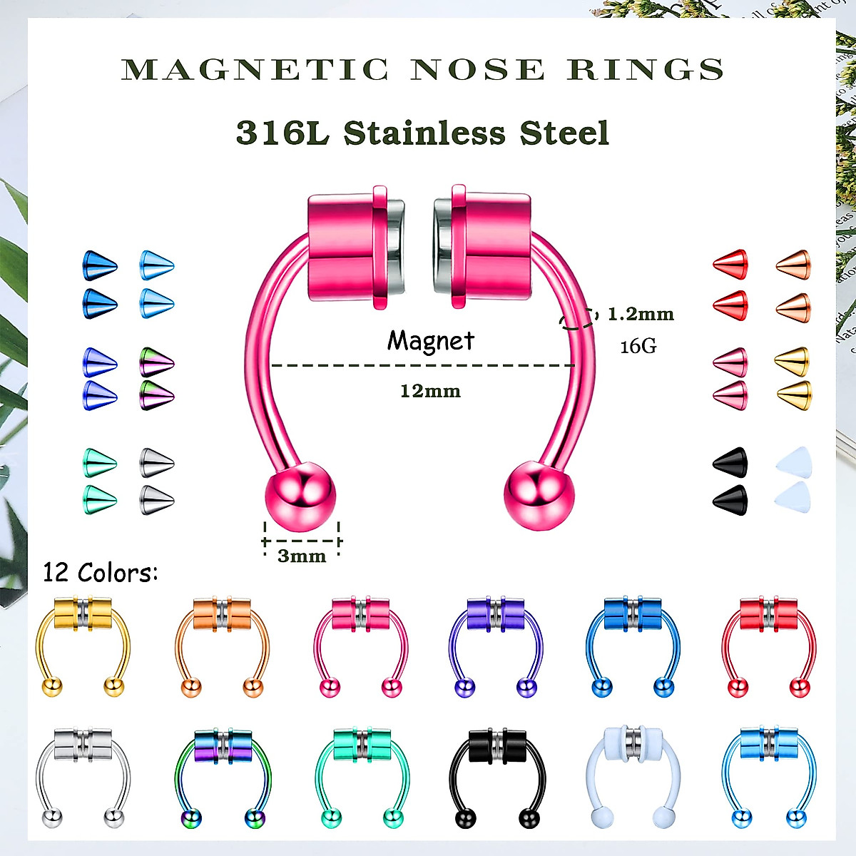 Sanfenly Septum Nose Ring Fake Septum Fake Nose Ring Horseshoe Stainless Steel Colorful Fake Nose Ring Faux Nose Piercing Non-Pierced Clip On Nose Hoop Rings Jewelry for Women Men