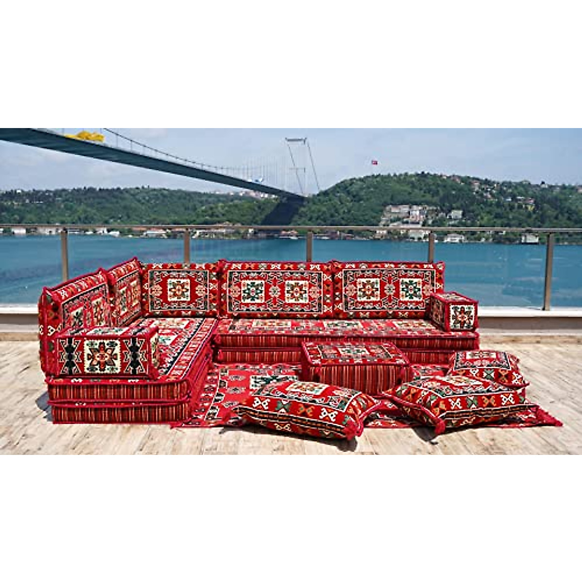 Corner Floor Seating, L Shaped Sofa Set,Turkish Sofa Set, Floor Couch, Oriental Floor Seating, Seating Sofa, Ethnic Sofa,Bohemian Furniture (L Sofa + Rug + Poufs)