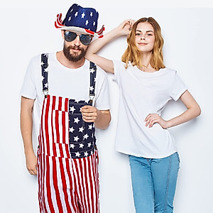 Mepase 3 Pcs American Flag Overalls Bib Set with Denim Patriotic American Flag Print Denim Bib USA America Glasses American Flag Western Hat for Men Women Summer 4th of July Halloween Cosplay