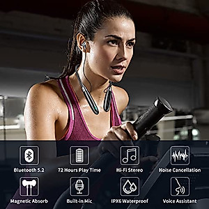 WESADN Neckband Bluetooth Headphones Wireless Earbuds in Ear Headset with Microphone 72H Playtime Noise Cancelling Stereo IPX6 Waterproof Earphones for Sports Running Workout for iPhone Android K45