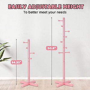 Azaeahom Cross Coat Rack Freestanding Clothing Hanger Home Racks, Wooden Coat Tree Stand with 8 Hooks 2 Adjustable Height, Easy Assembly in Entryway, Room for Hat, Umbrella etc (Pink)