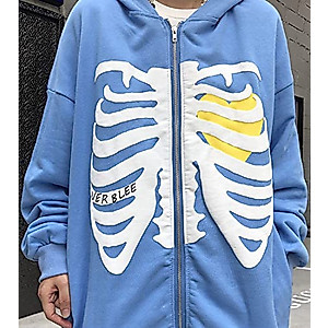 EMILYLE Women Oversized Zip Up Hoodie Fashion Long Sleeve Graphic Skeleton Sweatshirt Cool Outwear(blue-1,L)